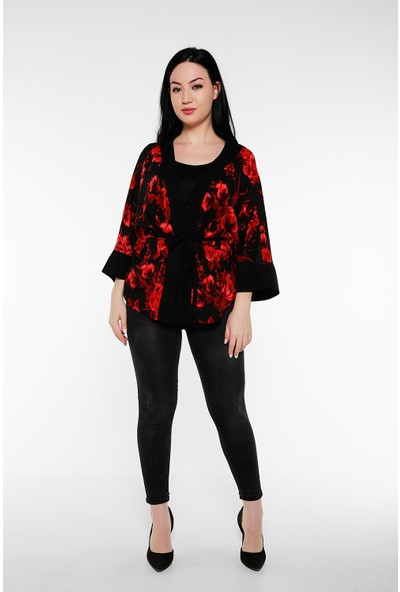 Disentis Modest Önden Bağlamalı ve Düğmeli Kolları Geniş Büyük Çiçekli Kırmızı Siyah Kimono