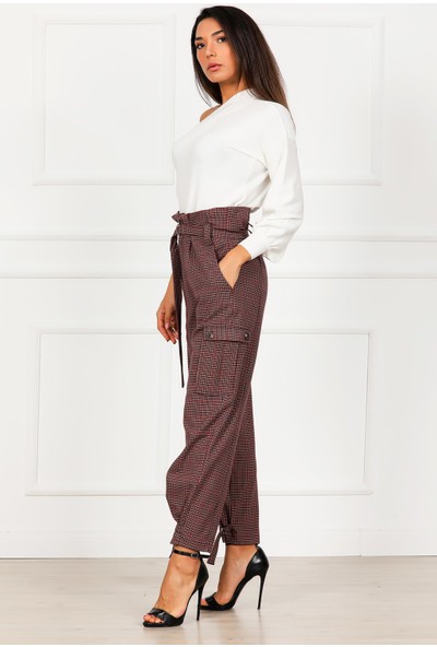 Tarzım Süper Kadın Yüksek Bel Kemerli Ekose Desenli Cepli Pantolon
