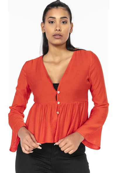 Disentis Modest Ispanyol Kol Önden Düğmeli Mercan Rengi Kısa Bolero