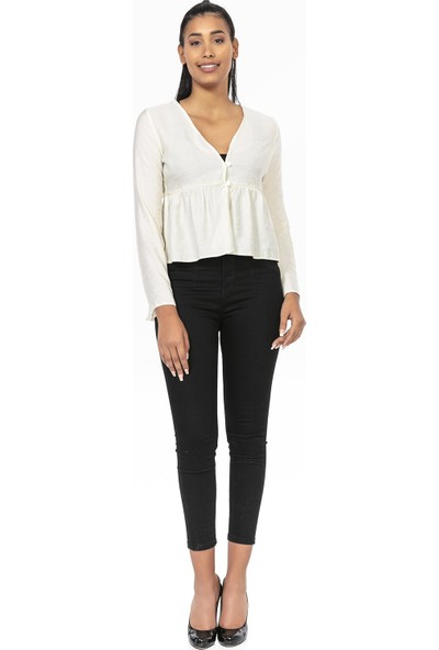 Disentis Modest Ispanyol Kol Önden Düğmeli Ekru Rengi Kısa Bolero