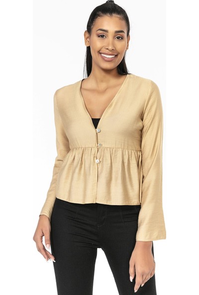 Disentis Modest Ispanyol Kol Önden Düğmeli Bej Rengi Kısa Bolero