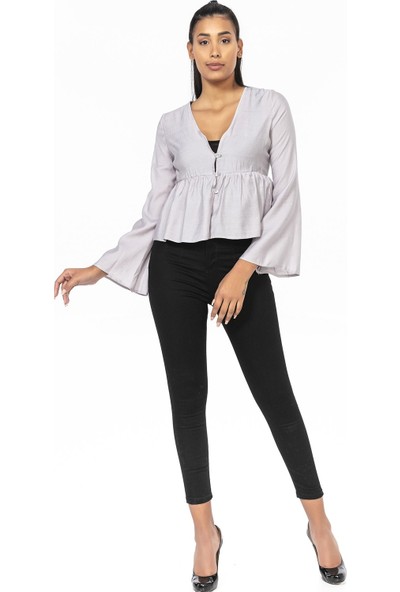 Disentis Modest Ispanyol Kol Önden Düğmeli Gri Kısa Bolero