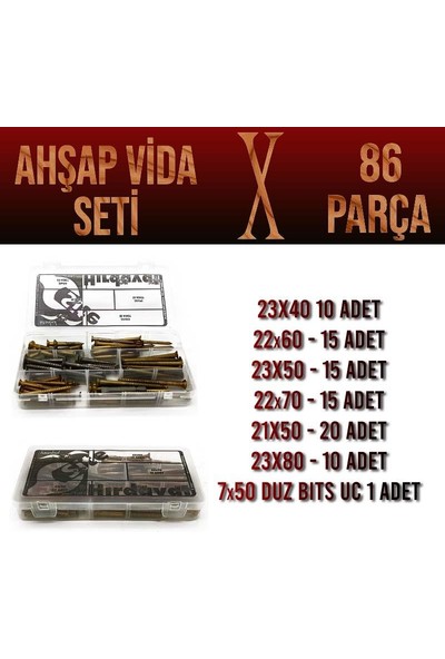 Ahşap Vida Seti X- 86 Parça Vida Pul ve Bits Uç Ahşap Vida Seti X- 86 Parça Vida Pul ve Bits Uç