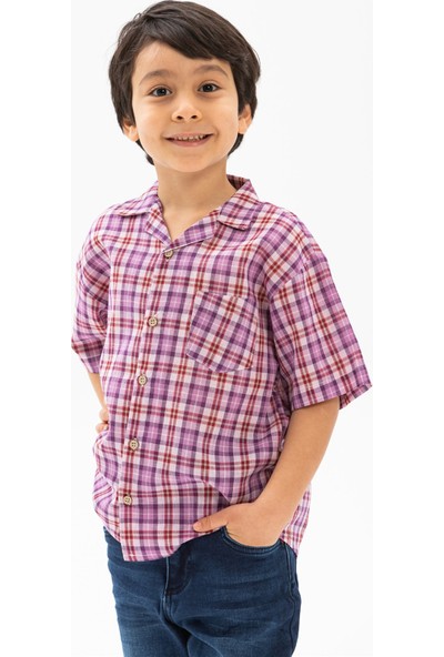 Eliş Şile Bezi Kısa Kol Erkek Çocuk Gömlek Lila Ekose