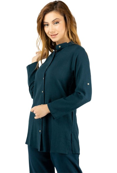 Eliş Şile Bezi Kadın Hakim Yaka Tunik Petrol