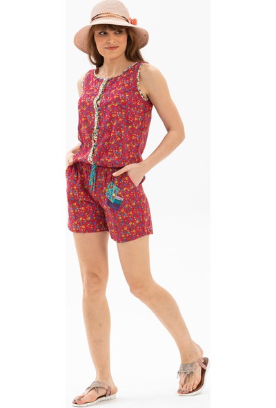 Eliş Şile Bezi Çiçekli Poplin Tulum Kırmızı