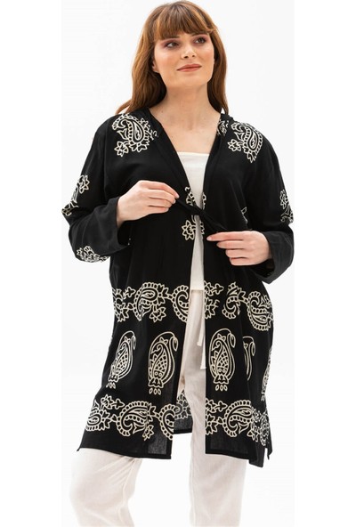 Eliş Şile Bezi Taş Baskı Pamuk Uzun Kol Kapüşonlu Tunik Siyah