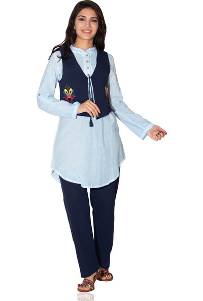 Eliş Şile Bezi Nakışlı Yelek Lacivert