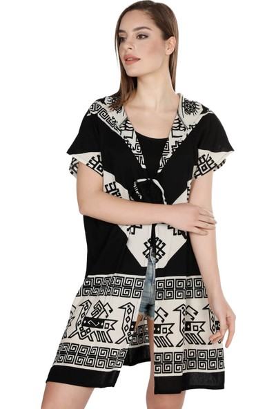 Eliş Şile Bezi Taş Baskı Kapüşonlu Pamuk Yelek V Desen Siyah-Beyaz