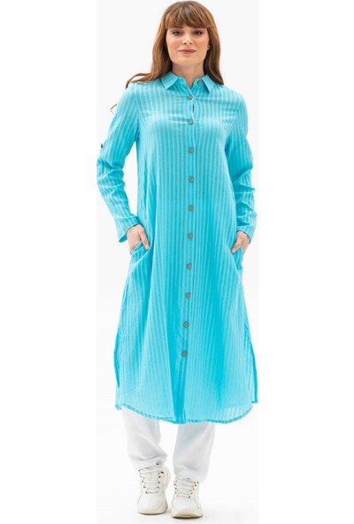 Eliş Şile Bezi Yakalı Uzun Gofre Tunik Turkuaz Eliş Şile Bezi Yakalı Uzun Gofre Tunik Turkuaz