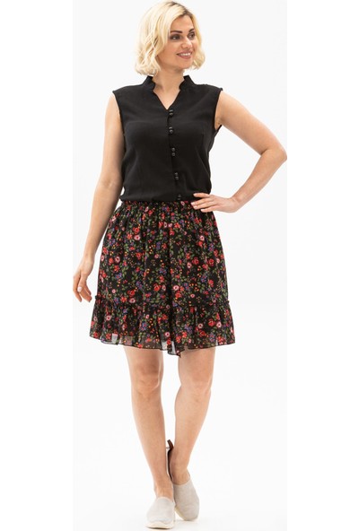 Eliş Şile Bezi Buse Vual Kısa Etek Tomurcuk Desen Siyah