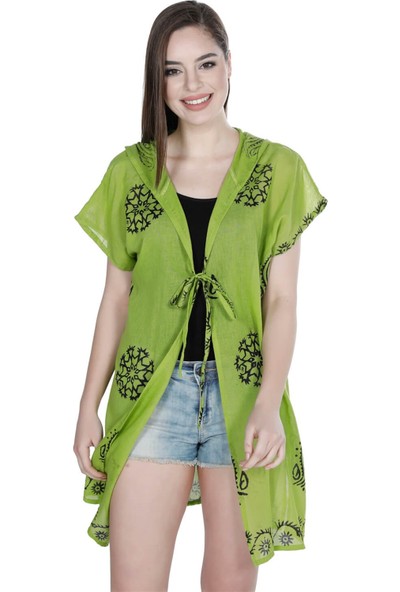 Eliş Şile Bezi Taş Baskı Pamuk Kapüşonlu Yelek Yeşil