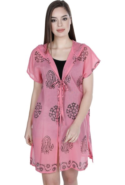 Eliş Şile Bezi Taş Baskı Pamuk Kapüşonlu Yelek Pembe