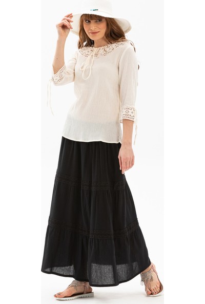 Eliş Şile Bezi Uzun Dantelli Etek Siyah Eliş Şile Bezi Uzun Dantelli Etek Siyah