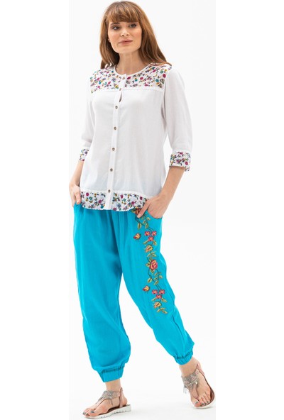 Eliş Şile Bezi Nakışlı Asya Şalvar Turkuaz