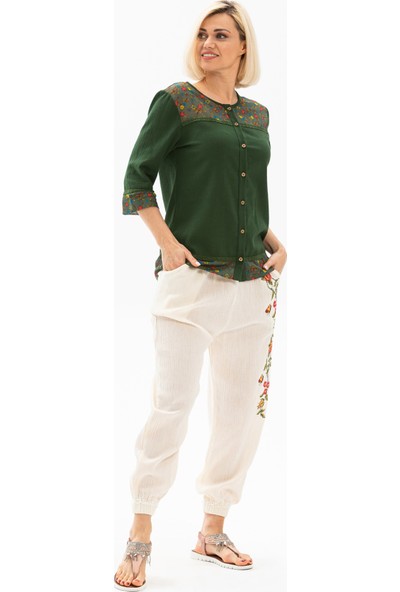 Eliş Şile Bezi Nakışlı Asya Şalvar Krem
