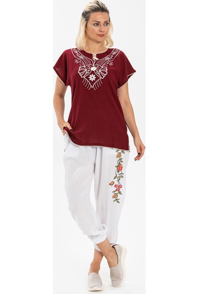 Eliş Şile Bezi Nakışlı Asya Şalvar Beyaz