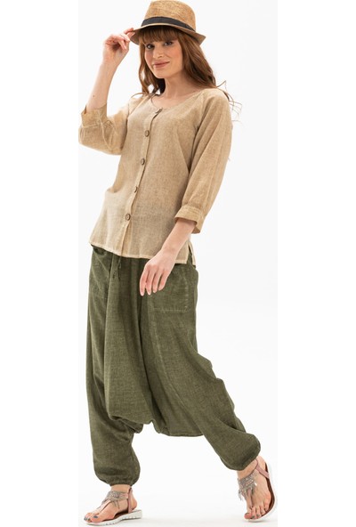 Eliş Şile Bezi Mısra Şalvar Haki