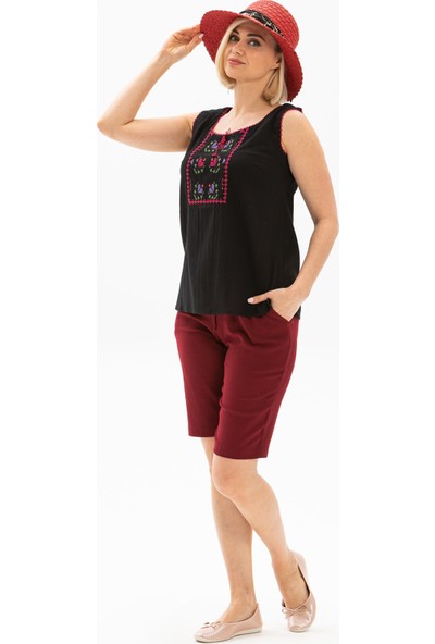 Eliş Şile Bezi Cepli Kadın Şort Bordo