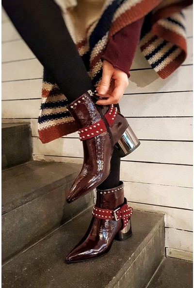 Trendytopuk Bordo Rugan Deri Kemerli Bot - Berta