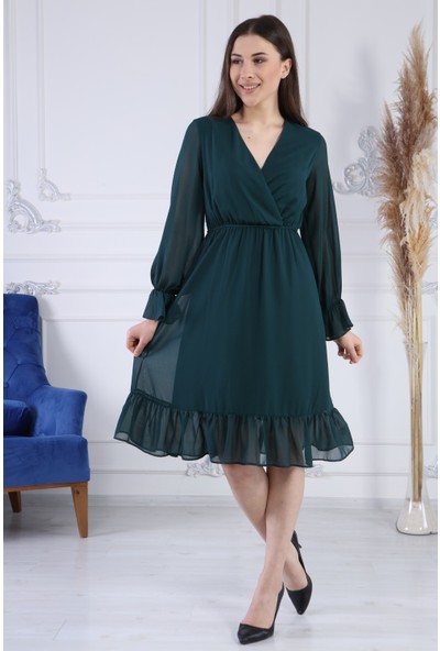 Avver Kadın Zümrüt Yeşili Astarlı Kruvaze Şifon Elbise