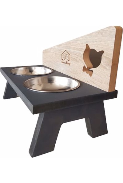 Liva Ahşap Çelik Kaseli Ahşap Kedi Köpek Mama ve Su Kabı
