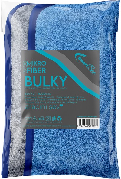 Smartbee Bulky Çift Kat Mikrofiber Oto Kurulama Havlusu 50×70 1000GSM – Mavi/gri
