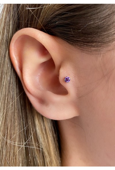 Okko Store Kadın Cerrahi Çelik Silver Rengi Mor Tek Taşlı Tragus Piercing Kıkırdak 6mm