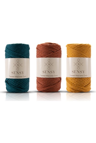 Sensy Premium Taranan Makrome Ipi 3'lü Set Yeşil - Kiremit - Hardal