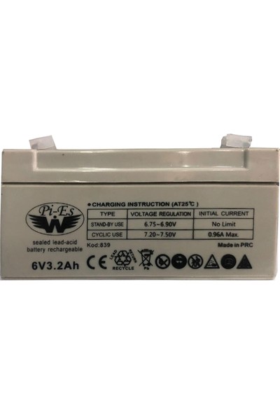 Pi-Es 6 Volt 3.2 Amper Bakımsız Kuru Akü 125*33*60-0,62 kg