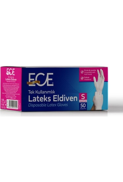 Ece Beyaz Lateks Eldiven Pudralı 50'li Paket S Ece Beyaz Lateks Eldiven Pudralı 50'li Paket S