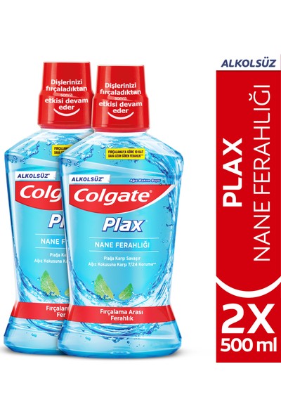 Colgate Plax Nane Ferahlığı Plağa Karşı Alkolsüz Ağız Bakım Suyu 500 ml x 2 Adet Colgate Plax Nane Ferahlığı Plağa Karşı Alkolsüz Ağız Bakım Suyu 500 ml x 2 Adet