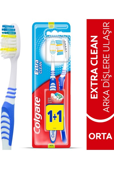 Colgate Extra Clean Dil Temizleyicili Arka Dişlere Uzanan Orta Diş Fırçası 1+1 Colgate Extra Clean Dil Temizleyicili Arka Dişlere Uzanan Orta Diş Fırçası 1+1