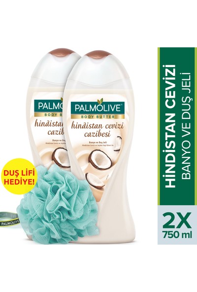 Palmolive Body Butter Hindistan Cevizi Cazibesi Banyo ve Duş Jeli 750 ml x 2 Adet + Duş Lifi Hediye Palmolive Body Butter Hindistan Cevizi Cazibesi Banyo ve Duş Jeli 750 ml x 2 Adet + Duş Lifi Hediye