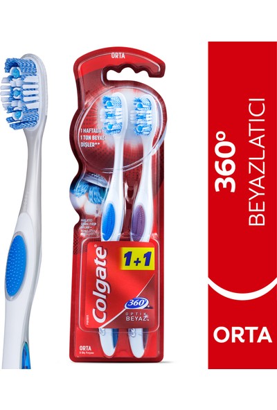 Colgate 360 Optik Beyaz Dil ve Yanak Temizleyicili Orta Beyazlatıcı Diş Fırçası 1+1