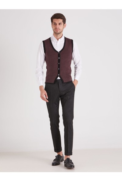 Dufy Siyah Çizgi Desenli Erkek Triko Yelek - Slım Fıt