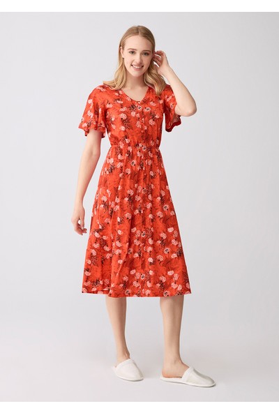Dagi Kırmızı V Yaka Modal Kumaş Desenli Önden Düğmeli Kadın Kısa Kol Gecelik