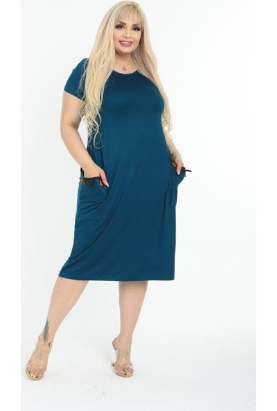 Hera Xl Kadın Cepleri Püskül Detaylı Kısa Kollu Viskon Büyük Beden Elbise