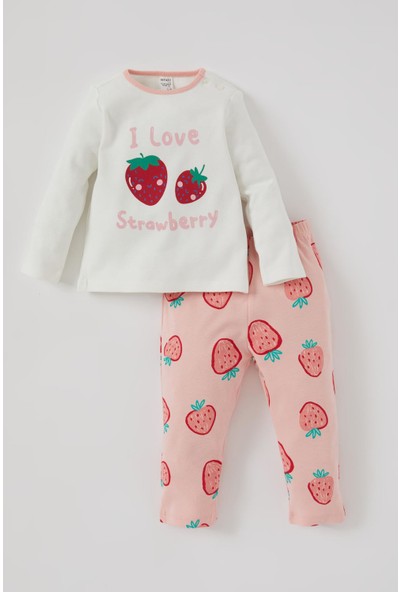 DeFacto Kız Bebek Çilek Baskılı Uzun Kollu Pamuklu Pijama Takımı T8949A221SP