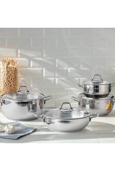 Nehir Silver Güveç 8 Parça Çelik Tencere Seti Nehir Silver Güveç 8 Parça Çelik Tencere Seti