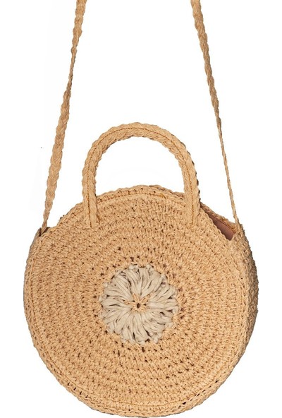 kavshak Kadın Kavuniçi Papatya Motifli El Yapımı Yuvarlak Hasır Omuz Çantası