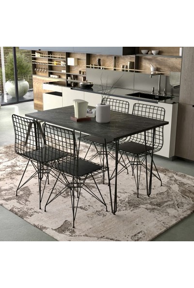 Rozana Mermer Görünümlü Tel Masa Sandalye Takımı