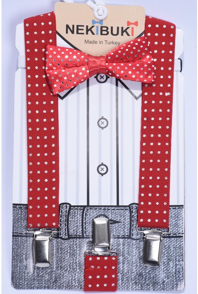 Nekibuki Erkek Çocuk Kırmızı Puantiyeli Pantolon Askısı ve Papyon Takım