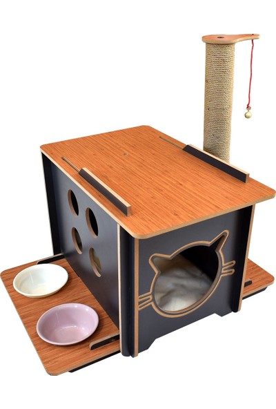 GoraPet Indigo Kedi Evi Kulübesi Minderli Mama Su Kabı ve Tırmalamalı