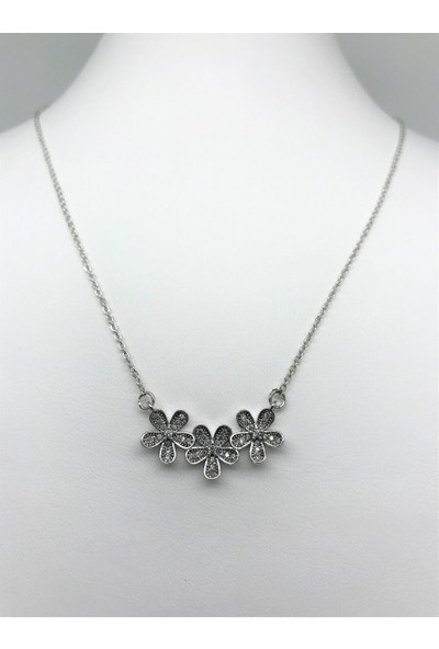 Zincirs Zirkon Taşlı Kolye Üçlü Çiçek