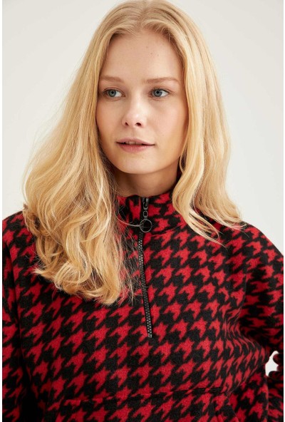 DeFacto Kazayağı Desenli Polar Dik Yaka Oversize Fit Sweatshirt U2448AZ20CW