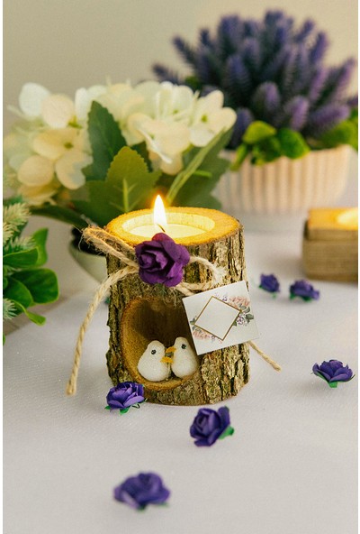 Ak Ahşap 50 Adet Kuşlu Ahşap Mumluk Nikah Şekeri Bebek Şekeri