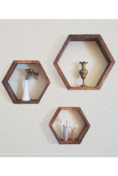 Ak Ahşap 3'lü Altıgen Ahşap Duvar Rafı