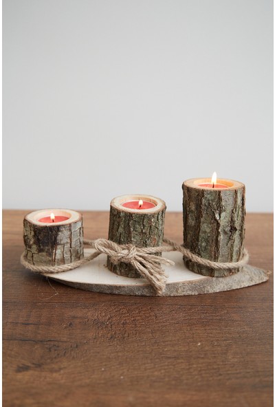 Ak Ahşap Dekoratif Üçlü Doğal Ahşap Kütük Mumluk Ak Ahşap Dekoratif Üçlü Doğal Ahşap Kütük Mumluk