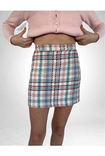 Key Moda Kadın Ekose Desenli Mini Etek
